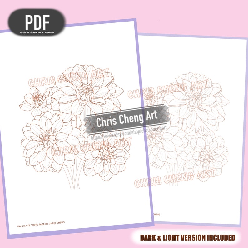 Set of 2 Coloring Pages "dahlia" (dark & Light Version) | Instant ...