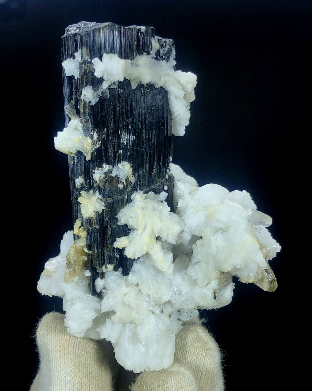 Cristal de turmalina schorl natural con espécimen mineral de albita y ...