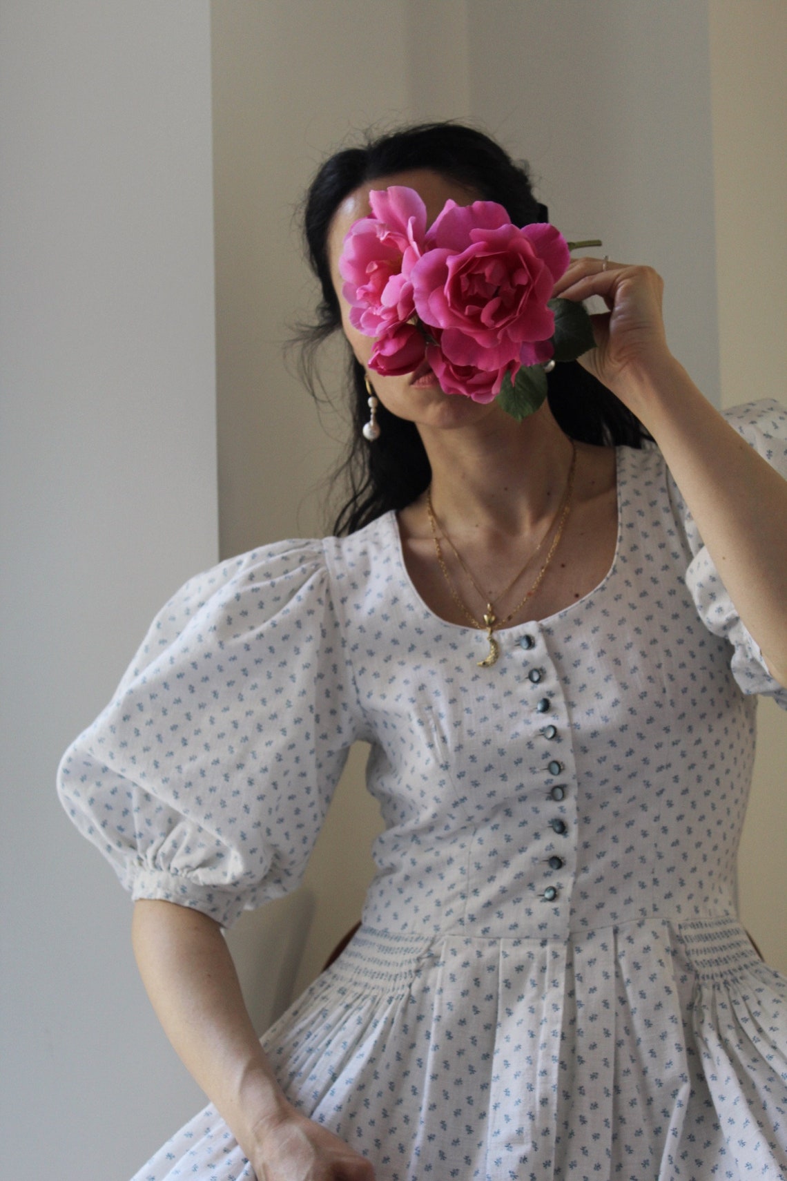 Incredible Beautiful Vintage Cotton Puff Sleeves Midi Dress - Etsy