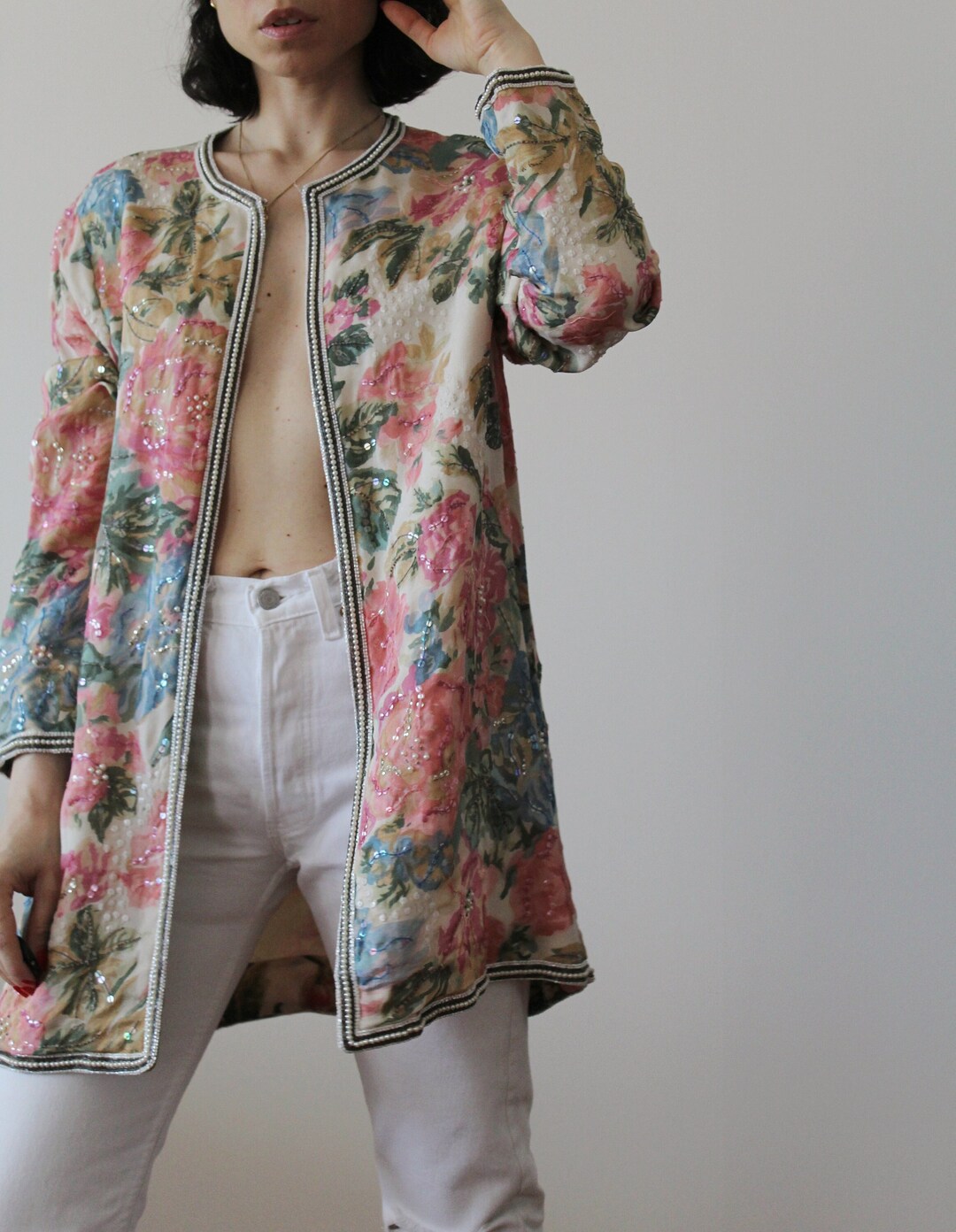 Vintage 60s Flowered Pastel Beaded Silk Jacket - Etsy