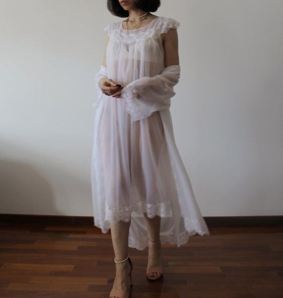 Vintage 60s white tulle and lace night set - Gem