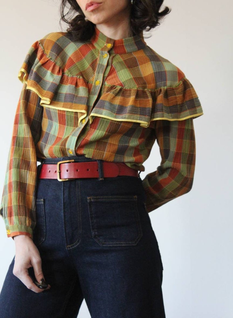 Vintage Cotton Ruffled Check Blouse - Etsy