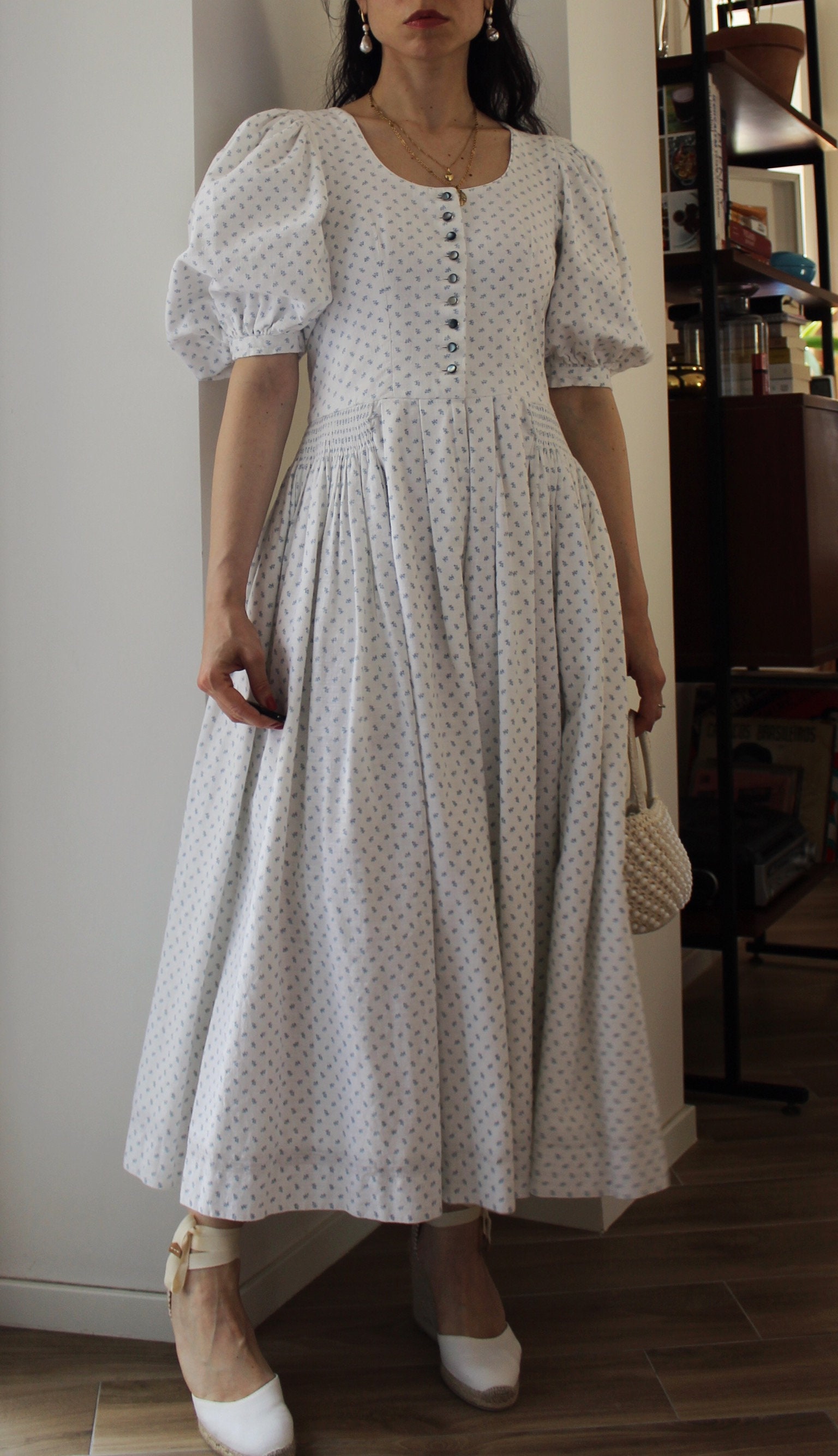 Incredible Beautiful Vintage Cotton Puff Sleeves Midi Dress - Etsy
