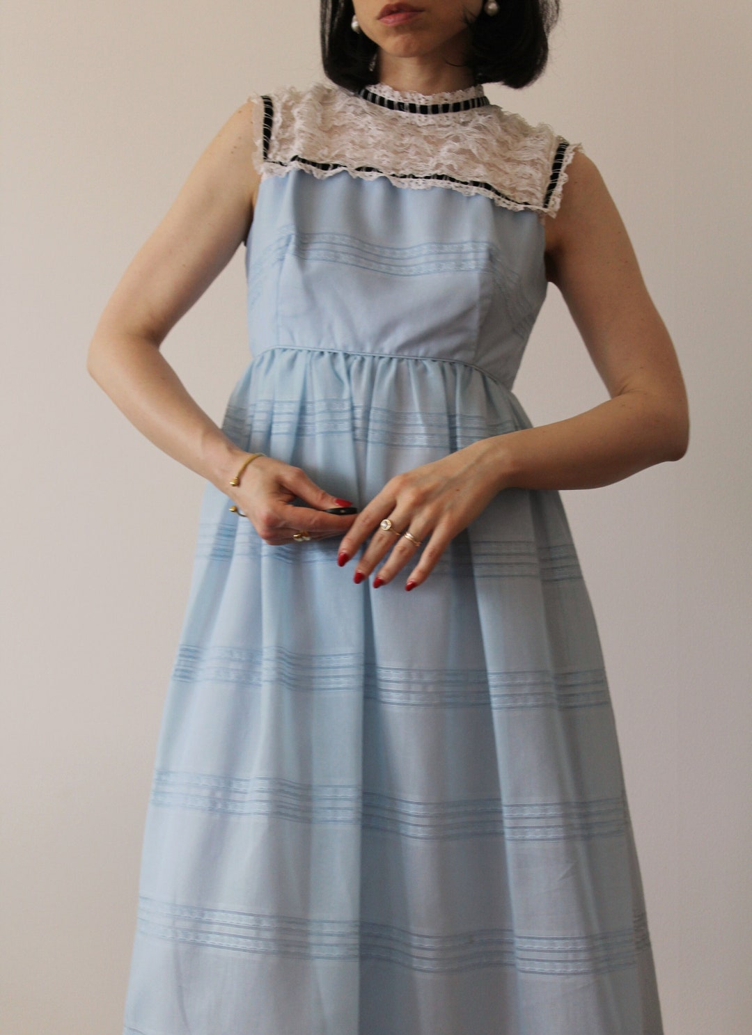 Vintage 60s Light Blue Prairie Dress With Lace and Velvet Trim - Etsy