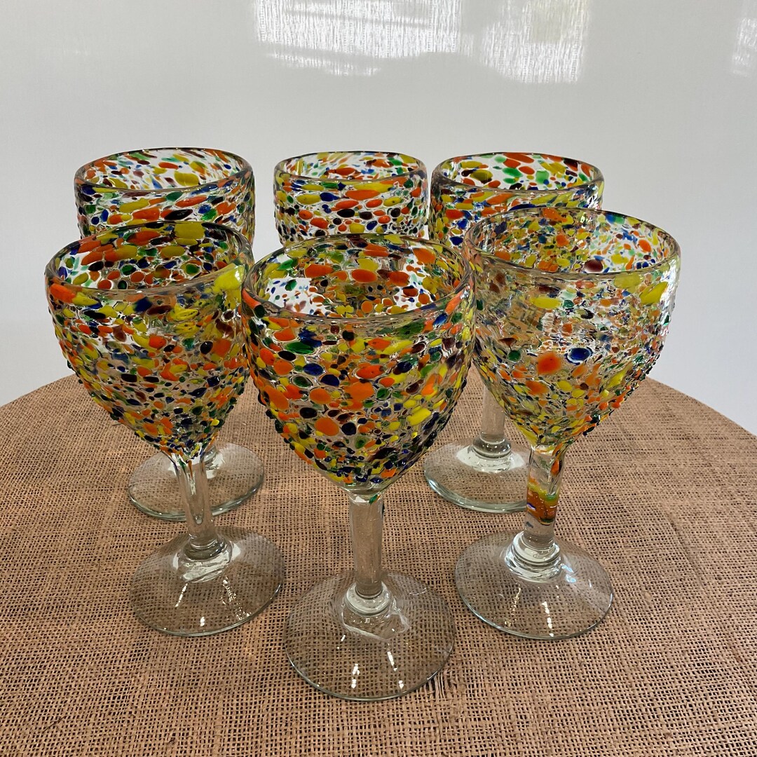 Rainbow Confetti Glass Wine Goblets, Hand Blown in Mexico, Set of 6 - Etsy