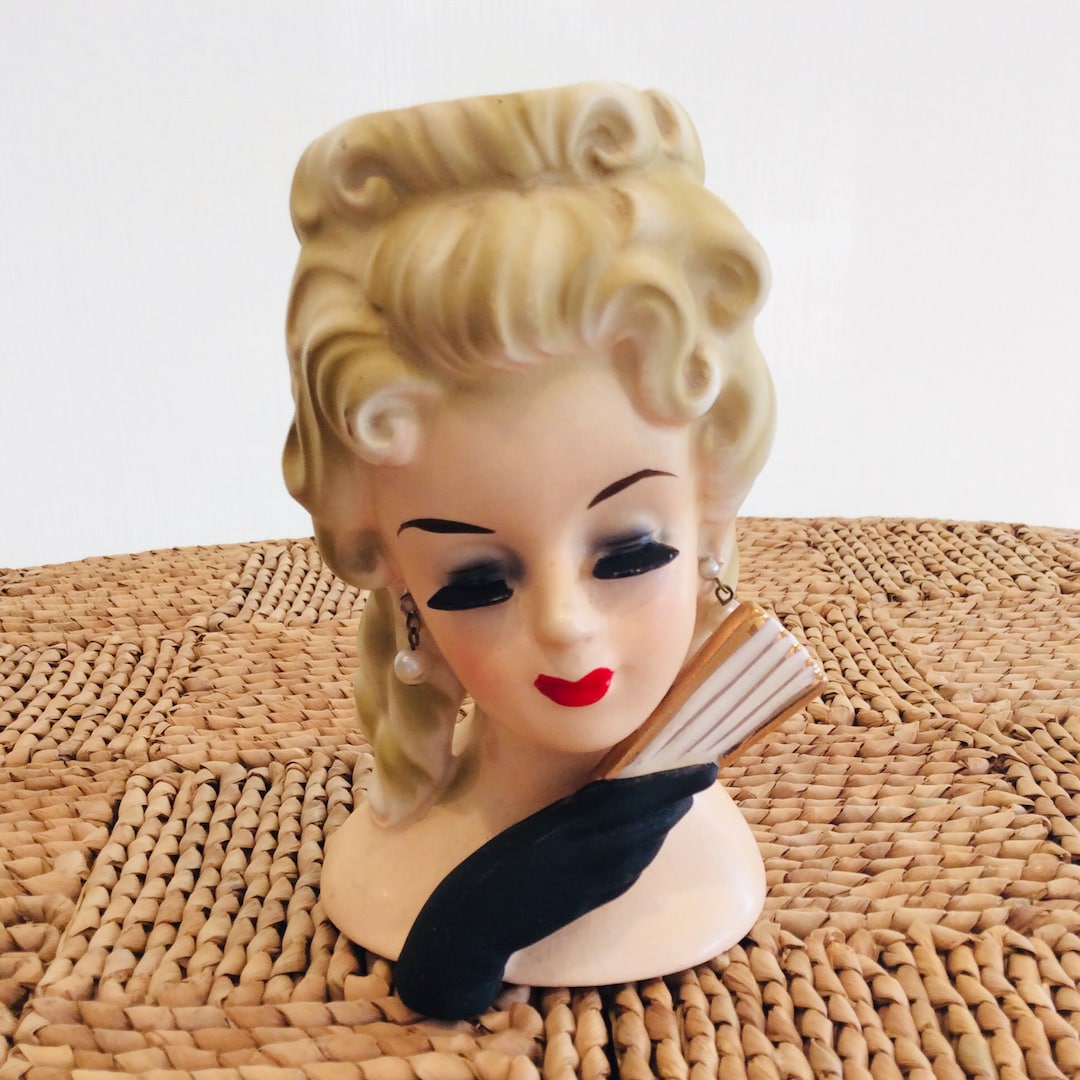 Lady Head Vase, 1964 With Blond Hair, Earrings and Fan, Inarco, Japan ...