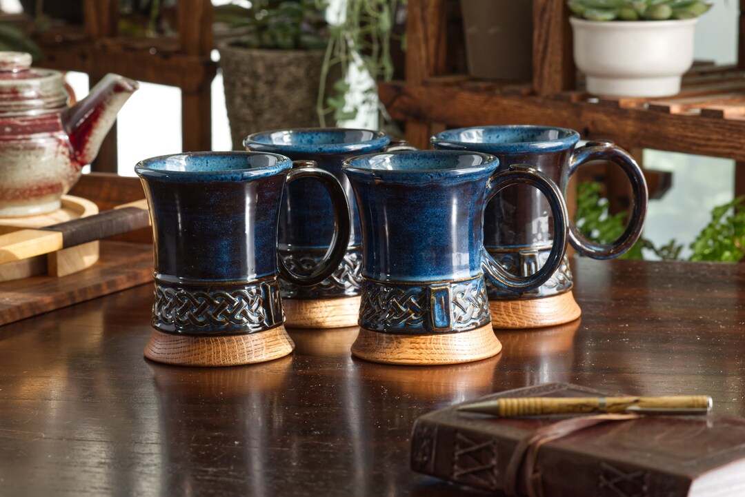 Celtic Knot Ceramic Mug - Set of 4 - Oak Wood Accent - Etsy