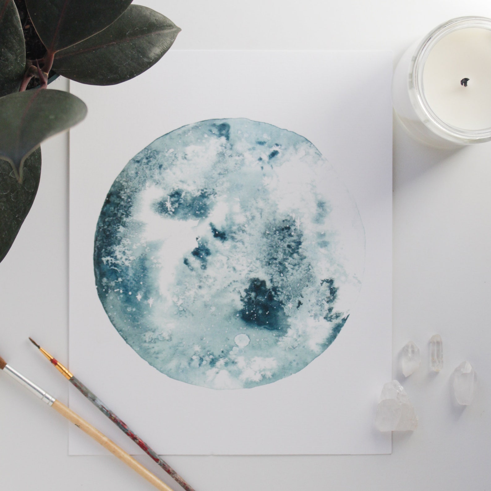 Blue Watercolor Full Moon Print Blue Planet Painting | Etsy