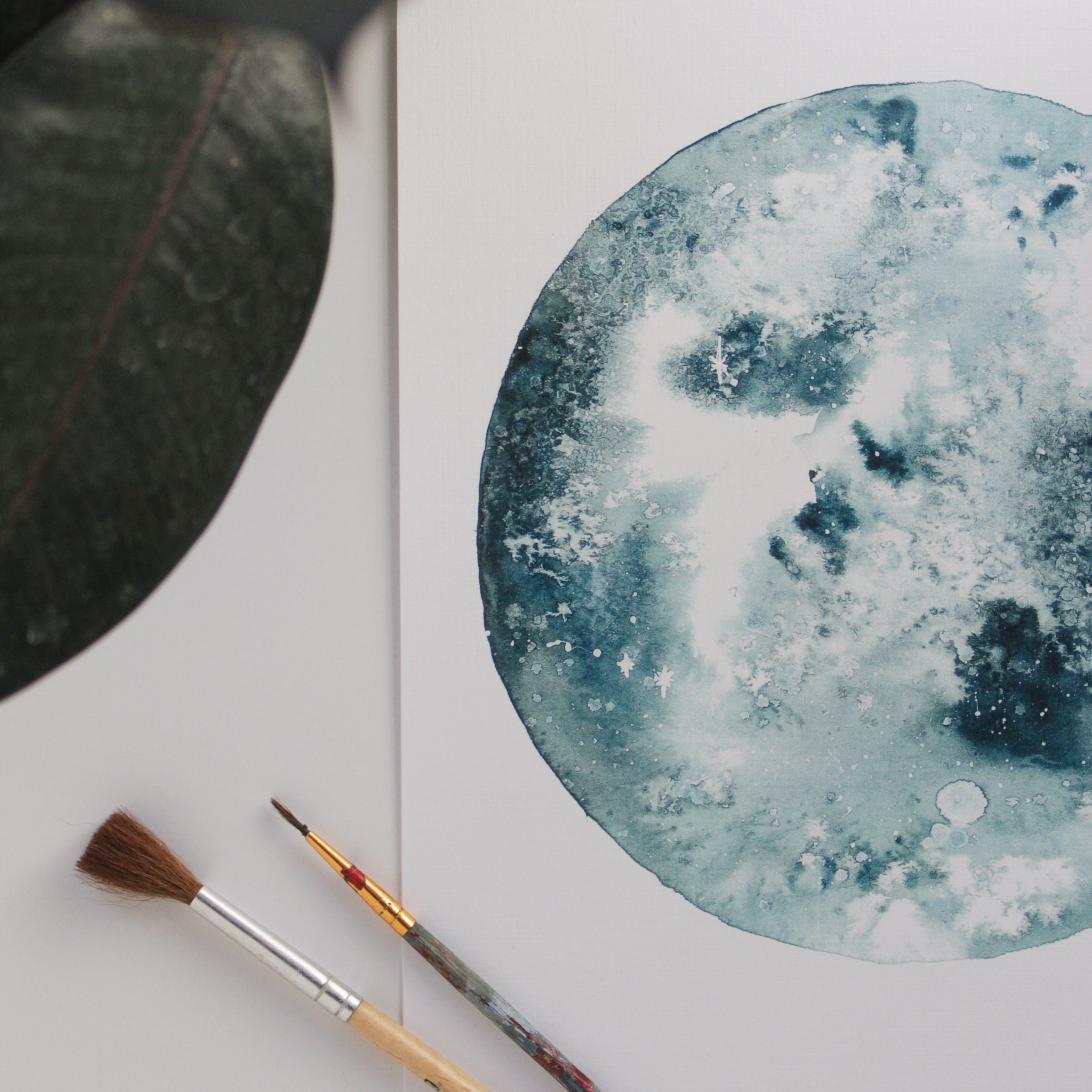 Blue Watercolor Full Moon Print Blue Planet Painting | Etsy