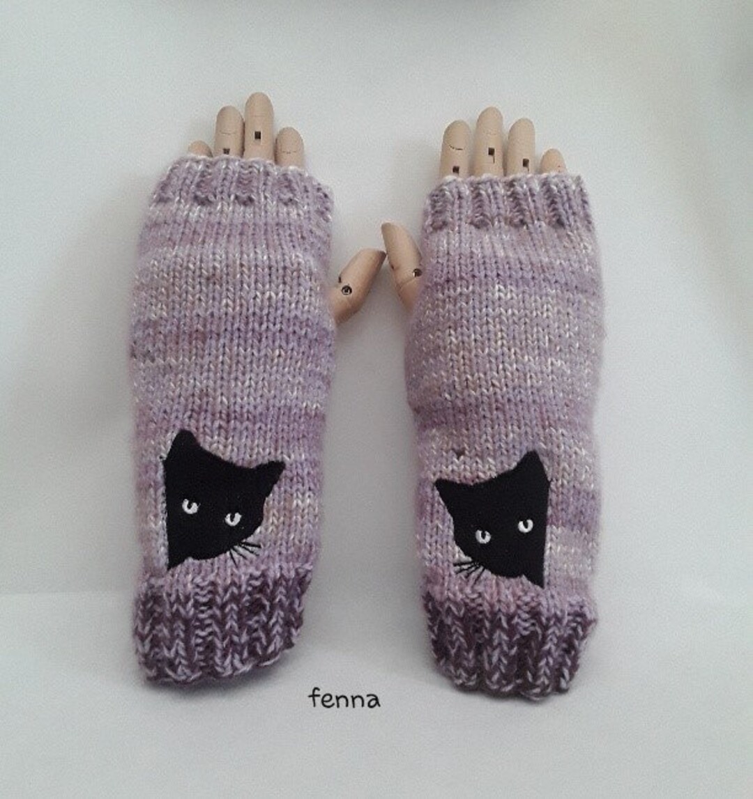 Mittens Fingerless Gloves Black Cats White Lilac 21 Cm - Etsy