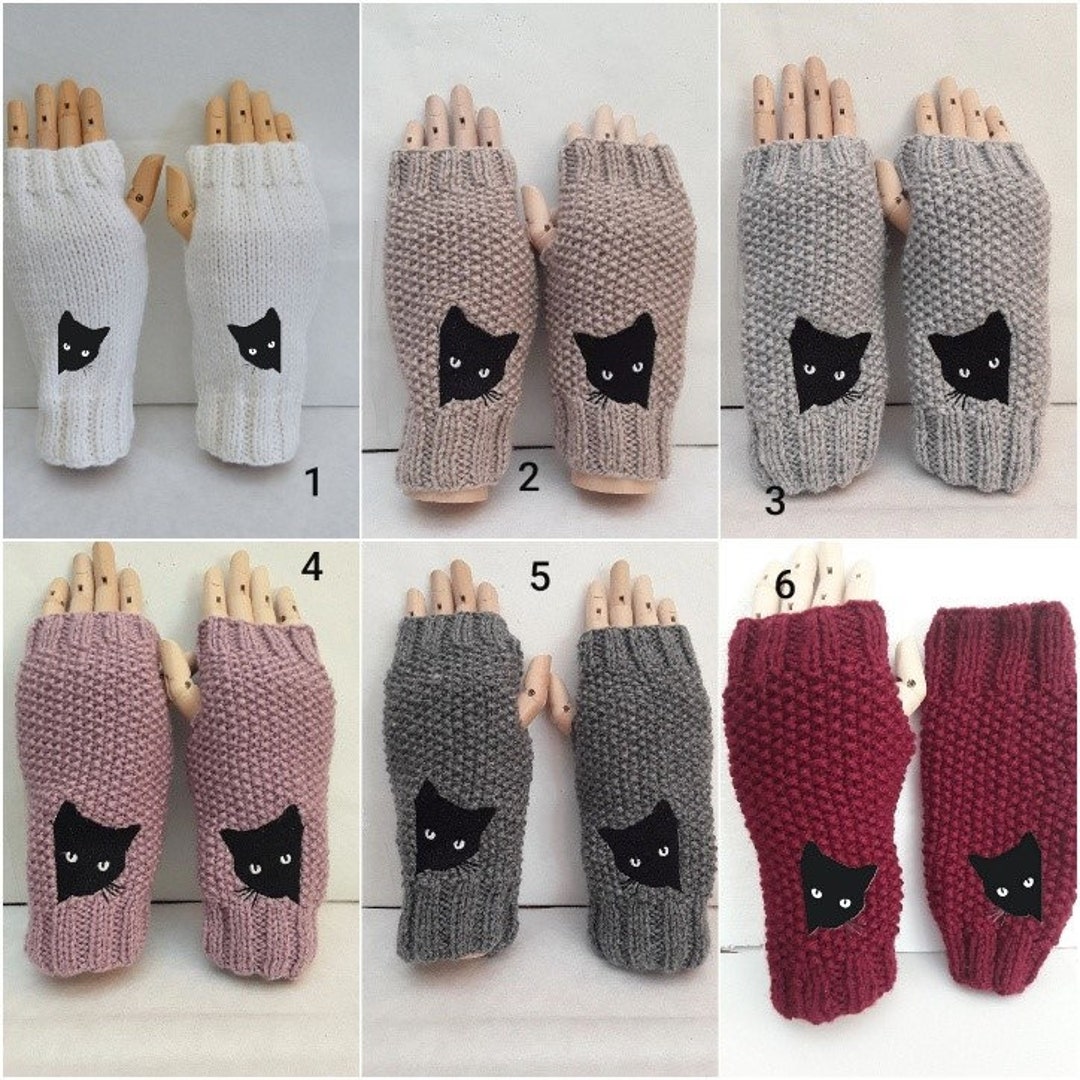 Black Cat Wool Mittens, 20 Cm Fingerless Gloves, Knitted, 5/6 Cm ...