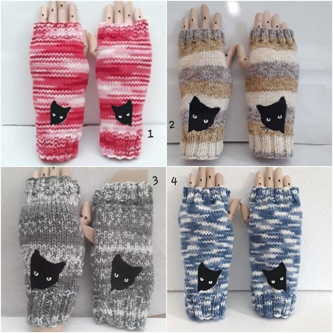 Mittens Knitting Black Cat Heads, White Eyes, Knitting, Acrylic, Cats ...