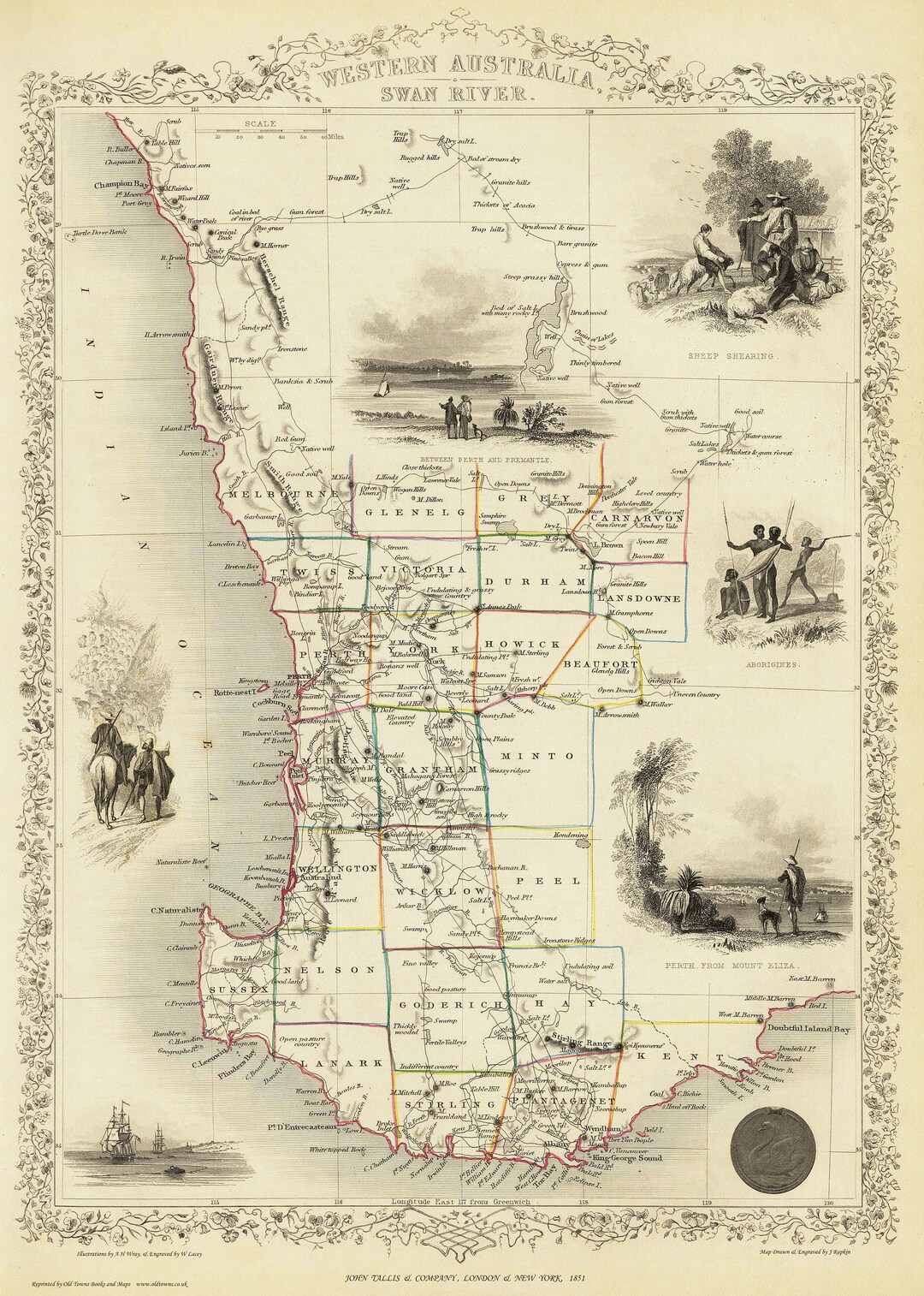 A Map of Western Australia, 1851, Map By, J & F Tallis Map, Antique Map ...