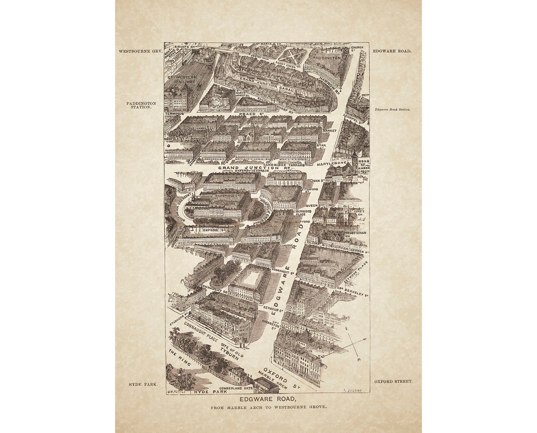 Old London Map - Birds Eye View of Edgware Road, From Marble Arch 1885 ...