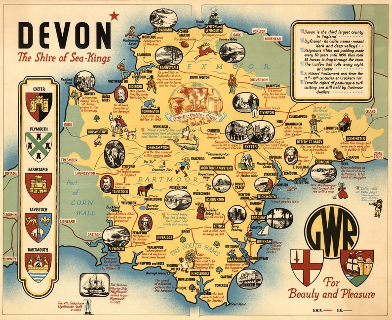 Devon , County Map, Pictorial Map 1933 Old Pictorial Map, Vintage Map ...