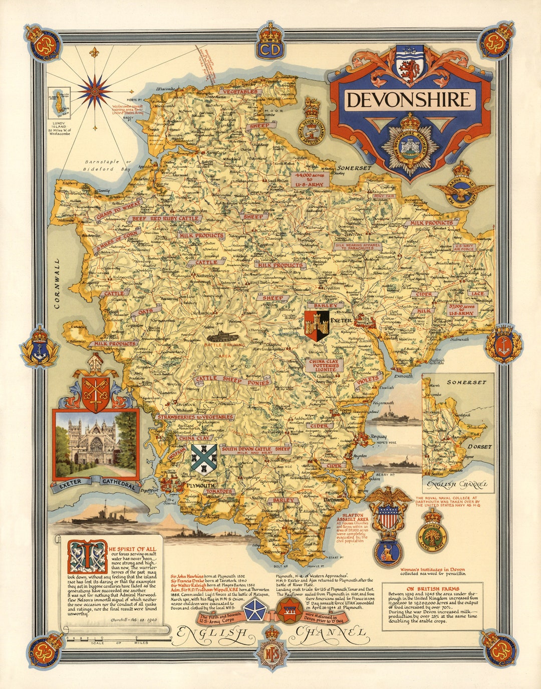 Devonshire County Map, Vintage Poster Old Pictorial Map , Vintage Map ...