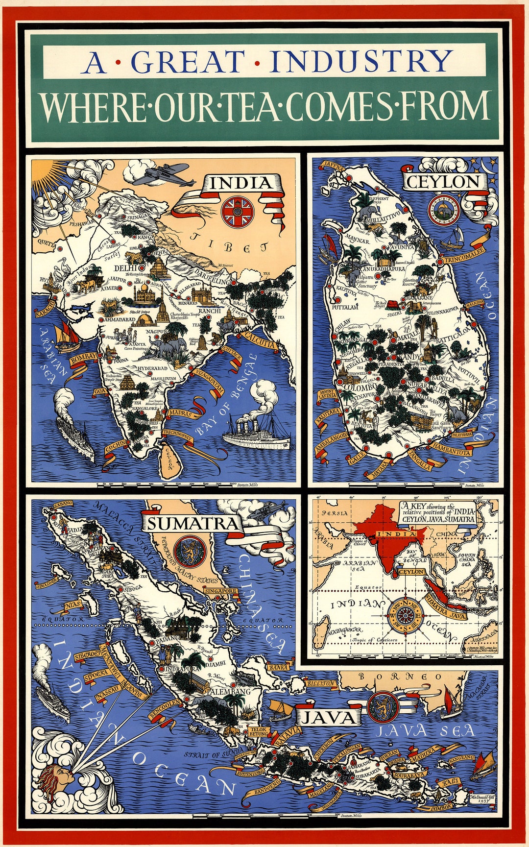 Where Our Tea Comes From 1937 , World Map, Pictorial Map, Vintage Map ...