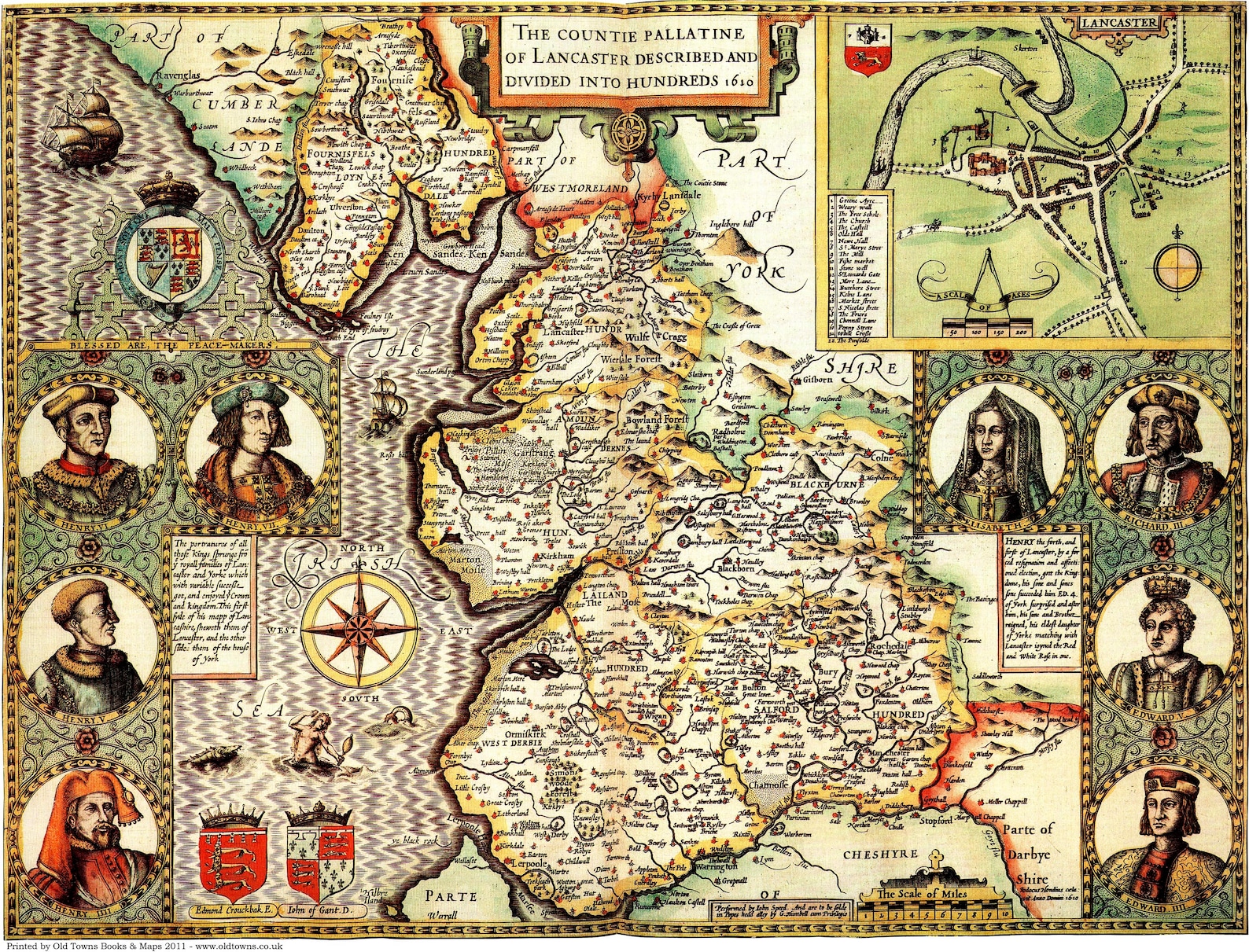 LANCASHIRE 1610 by John Speed Reproduction Old English County Map Fits ...