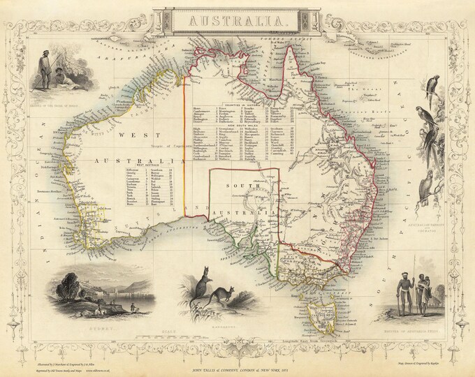 A Map of Australia, 1851, Map By, J & F Tallis Map, Antique Map ...
