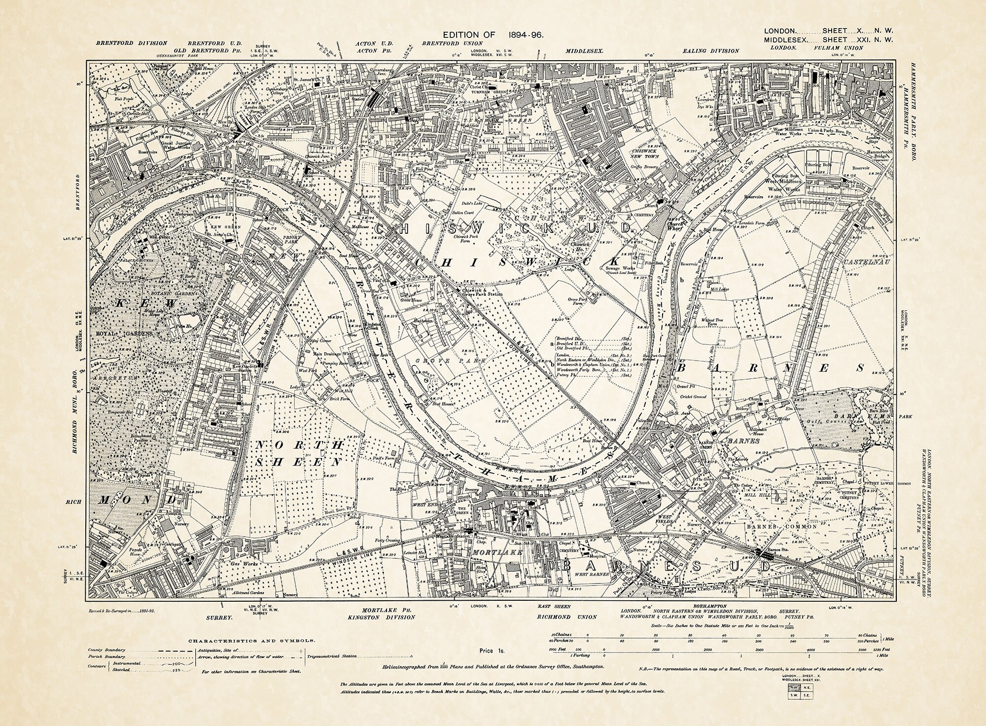 Old Map of London , Chiswick, Barnes, Kew, Mortlake, North Sheen Etc ...