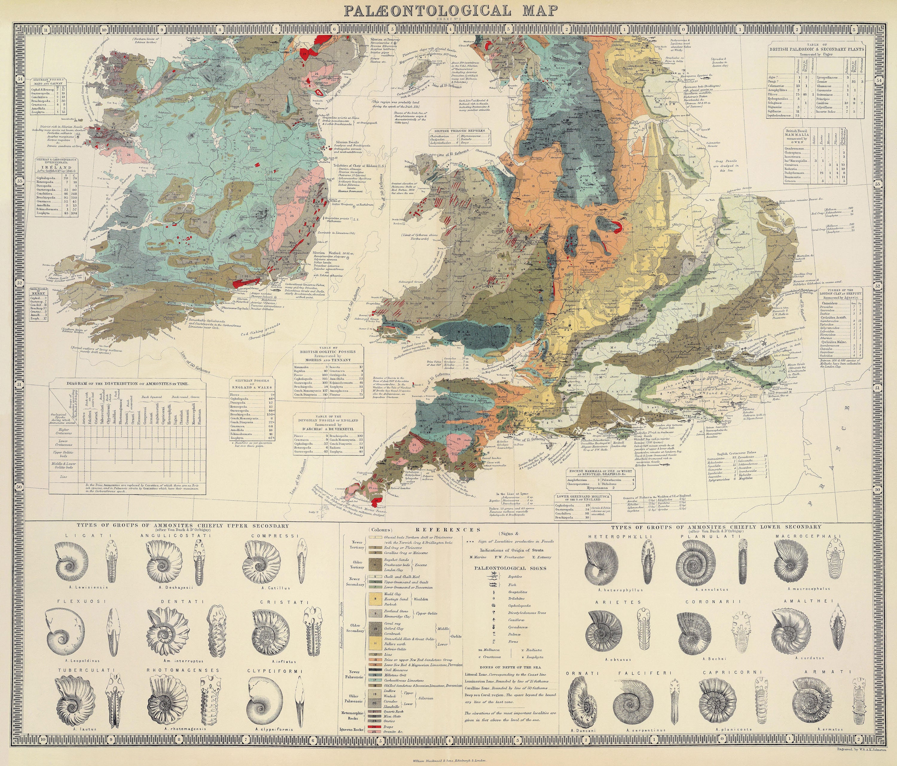 Geological & Palaeontological Map of the British Islands 2 Maps 1854 ...