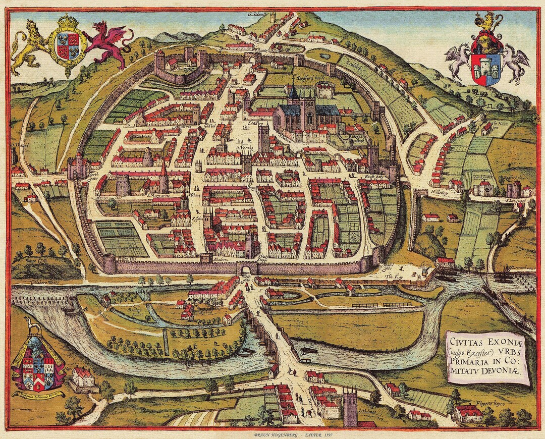 Old Map of Exeter in 1597, Plan by Georg Braun , Pictorial Map, County ...