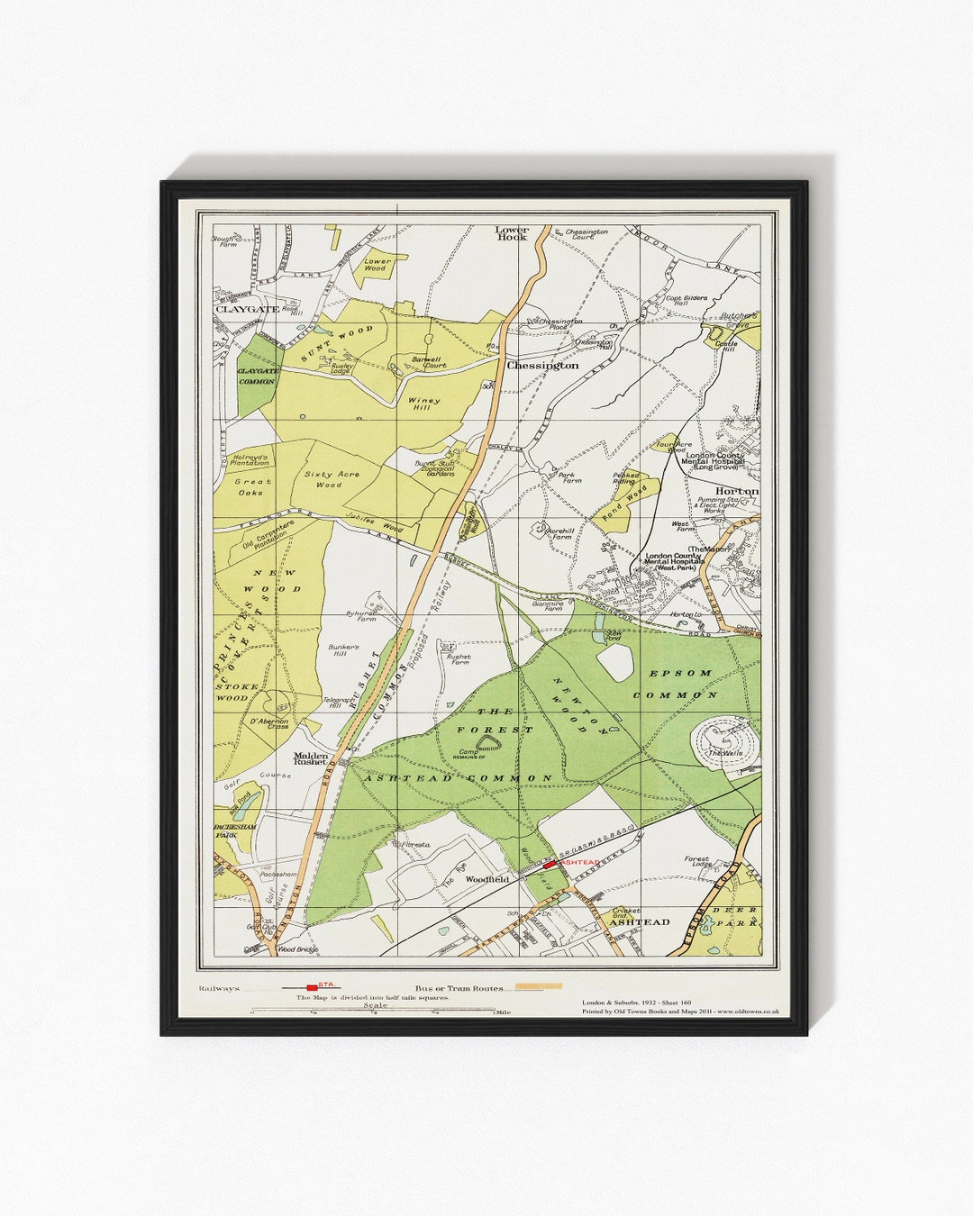 London 1932 Series Showing Chessington, Ashtead, Area, Map 160 Antique ...