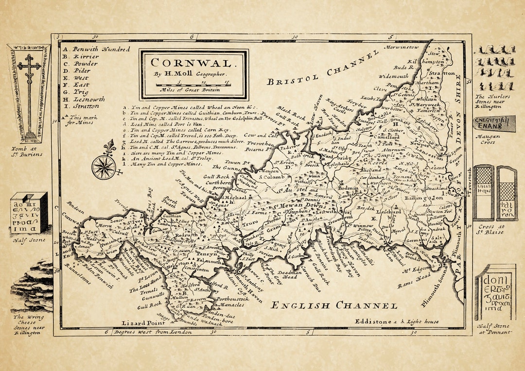 Cornwall County Map by Herman Moll 1724 County Map Vintage - Etsy