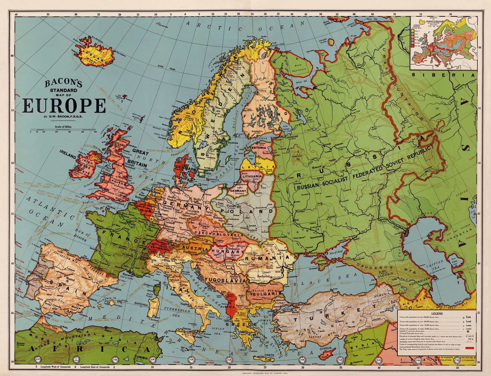 Antiguo mapa de Europa en 1920 por G W Bacon, mapa pictórico, mapa vintage, mapa decorativo ...