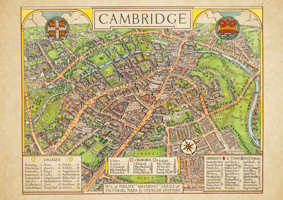 Cambridge in 1936 Old Pictorial Map Vintage Map, Cambridge Map ...