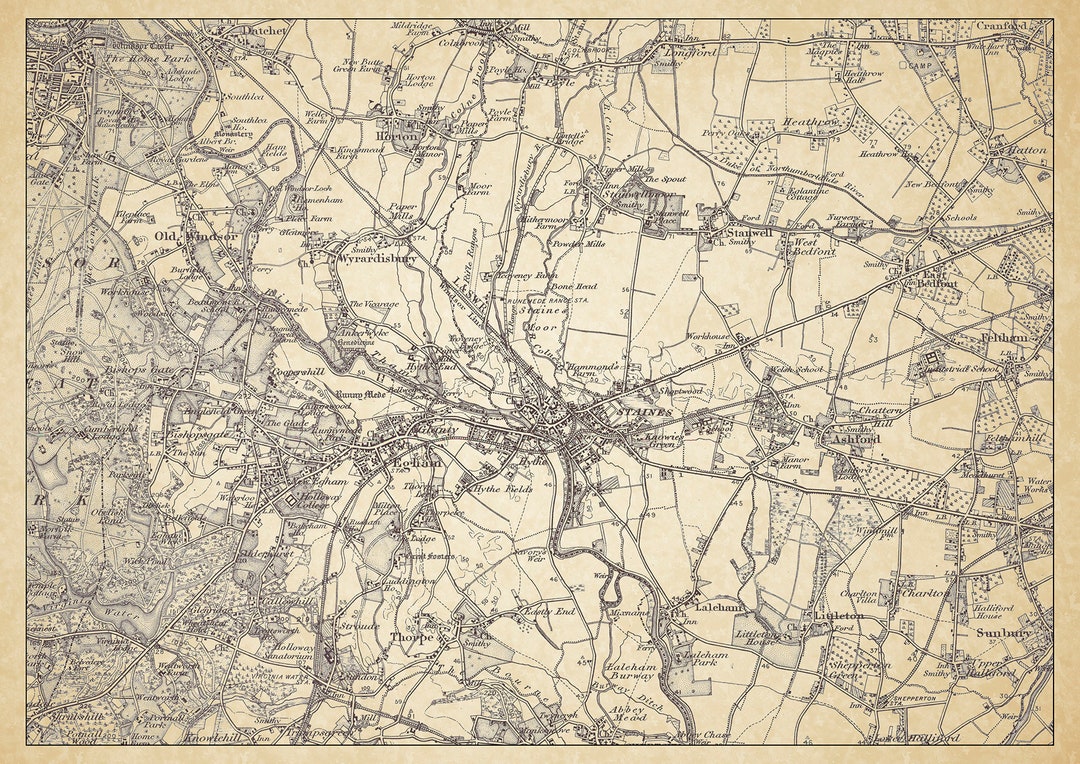 Old Map of the Environs of Staines, Surrey 1898 - Etsy