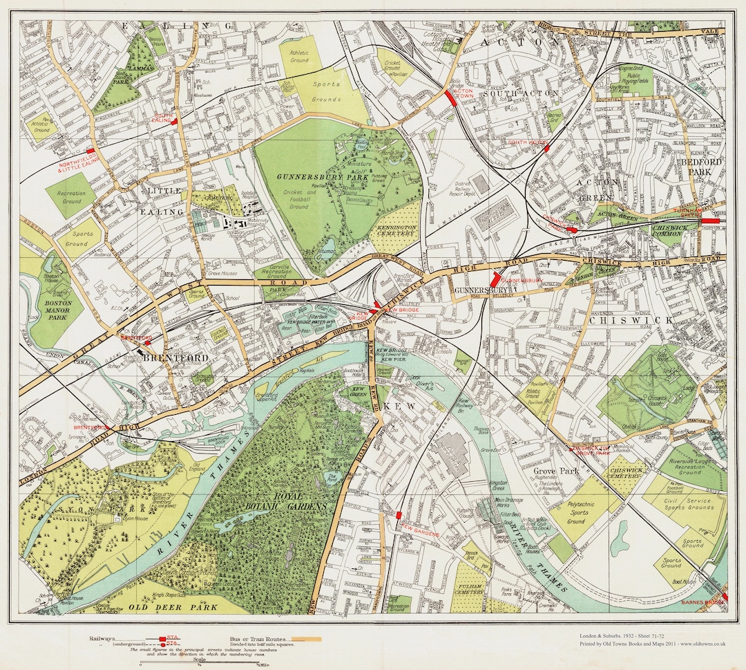 London 1932 Series Showing , Brentford Kew Chiswick Area, Map 71-72 ...