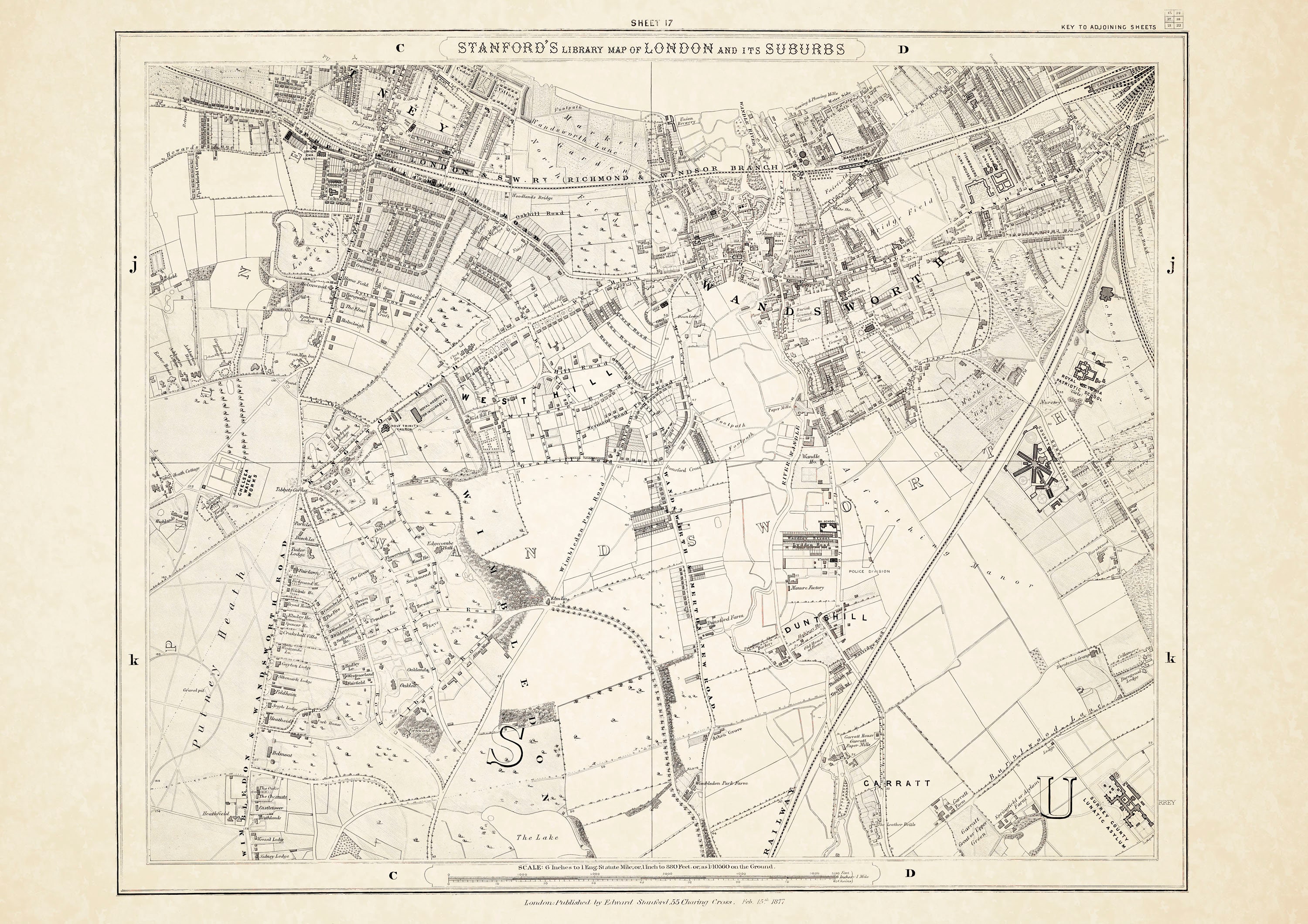 Old Map London 1877, Sheet 17 - Wandsworth, Wimbledon, Putney (S ...