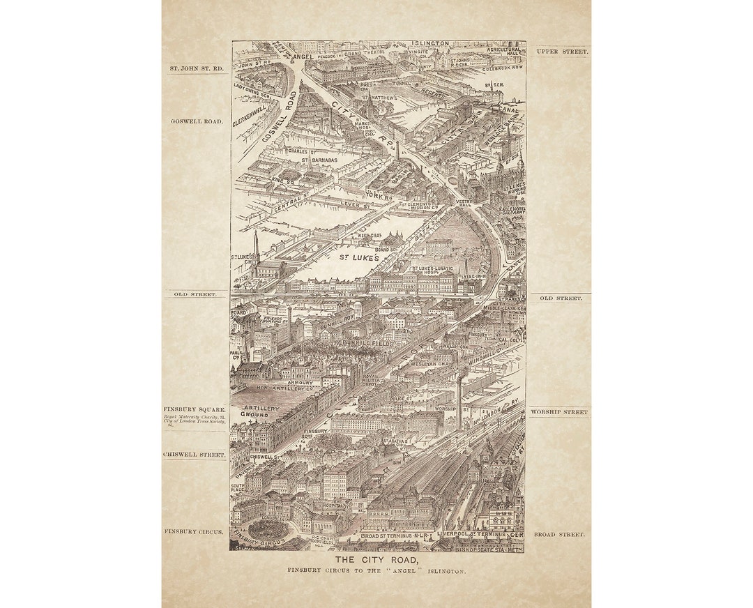 Old London Map Birds Eye View of the City Road, to the Angel 1885 16 ...