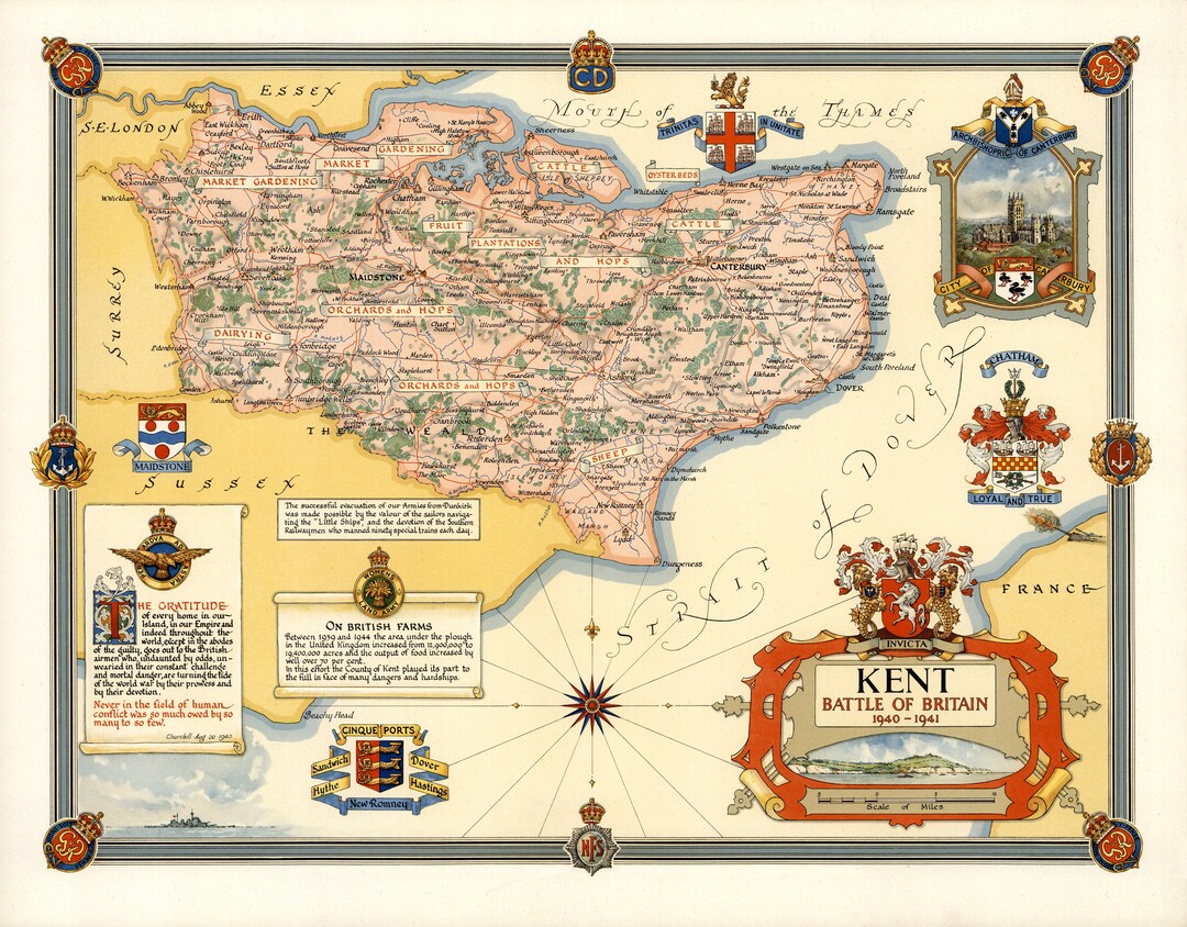 Kent 1945, County Map, Pictorial Map, Vintage Map, Decorative Map ...