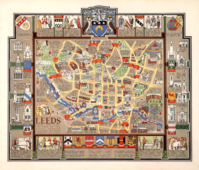 Leeds Pictorial History Pictorial Map Vintage Map Decorative - Etsy UK