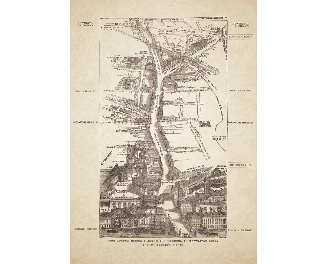 Old London Map Birds Eye View From London Bridge to Newington Bu the ...