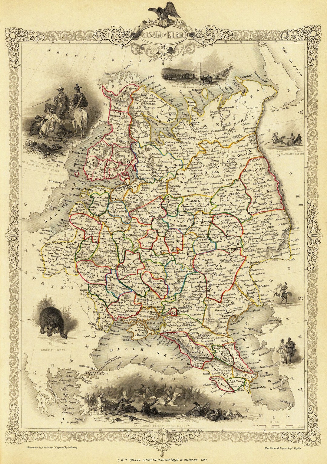 A Map of Russia in Europe, 1851, Map By, J & F Tallis Map, Antique Map ...