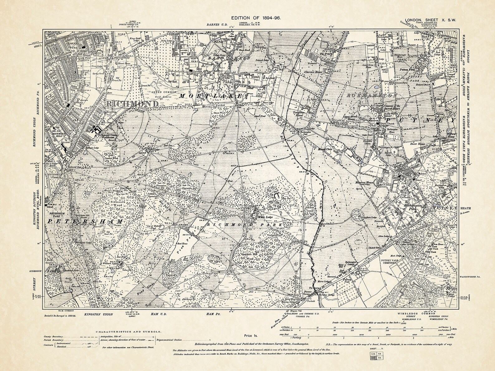 Old Map of London Richmond, East Sheen, Putney west, Roehampton 1896 10 ...