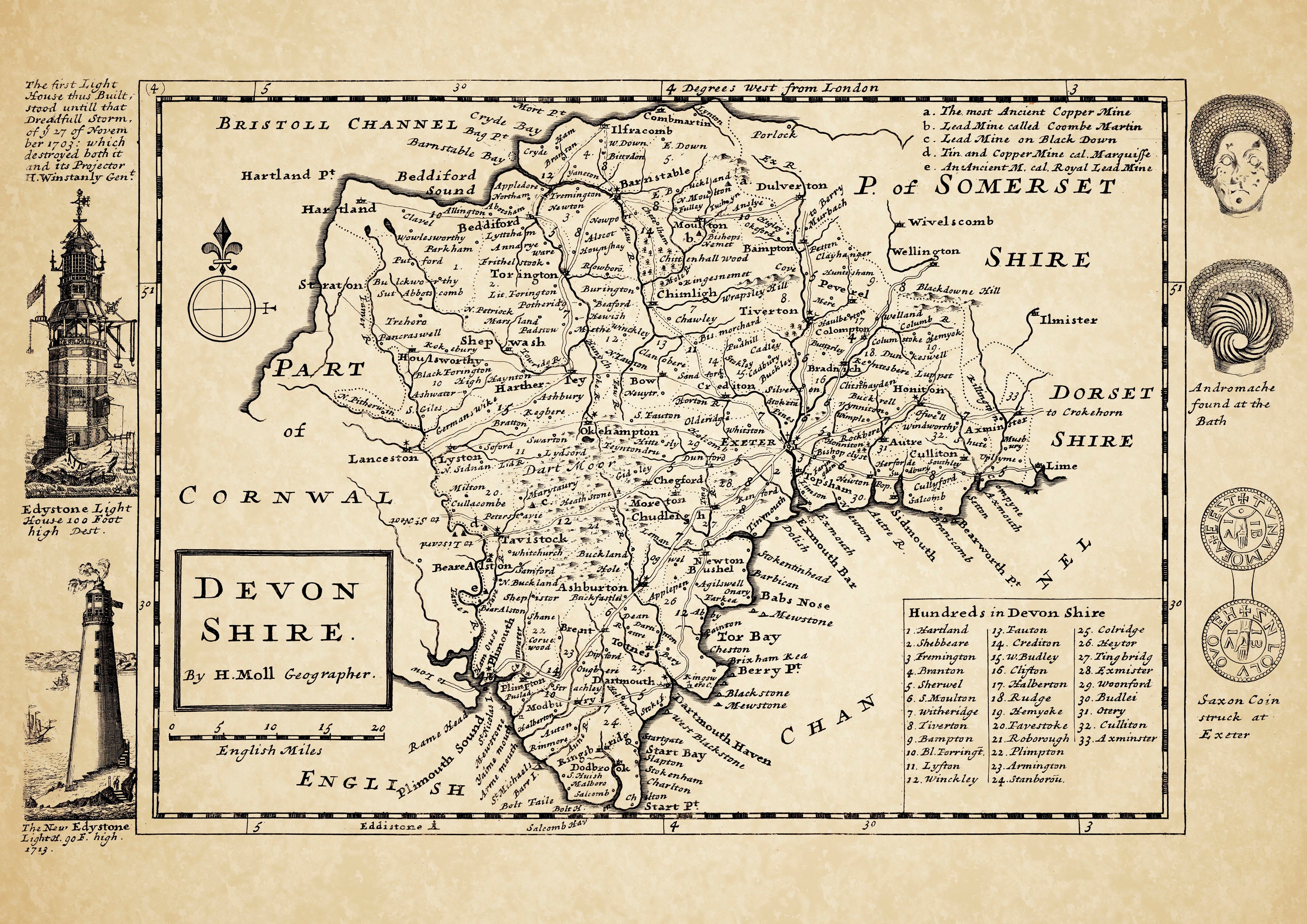 Devon County Map by Herman Moll 1724, County Map, Vintage Map, Antique ...
