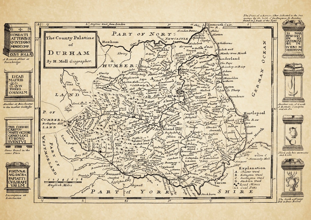 Durham County Map by Herman Moll 1724, County Map, Vintage Map, Antique ...