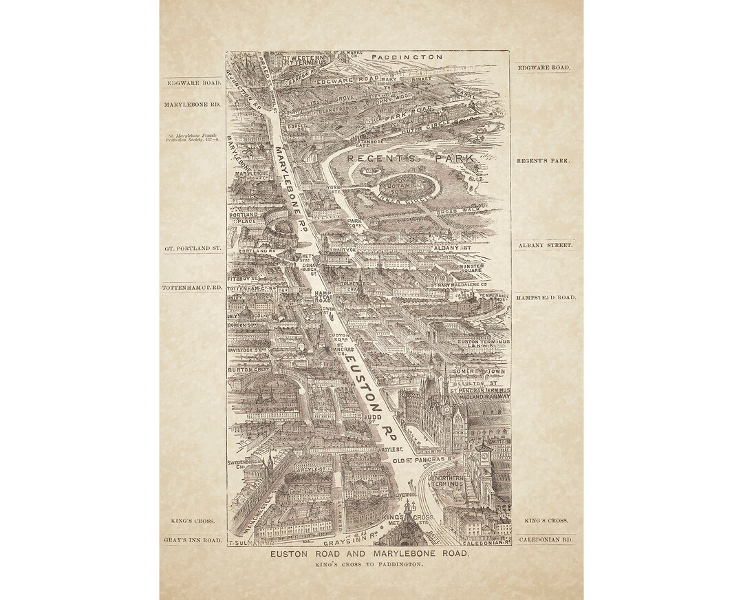 Old London Map - Birds Eye View of Euston Road and Marylebone Road 1885 ...