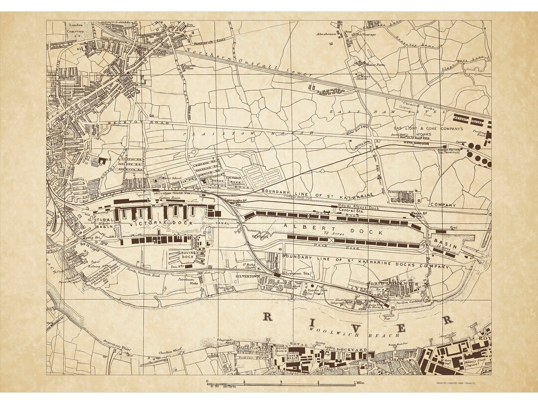 Silvertown Victoria Albert Dock , Old Map 1888 Greater London Size 55 X ...