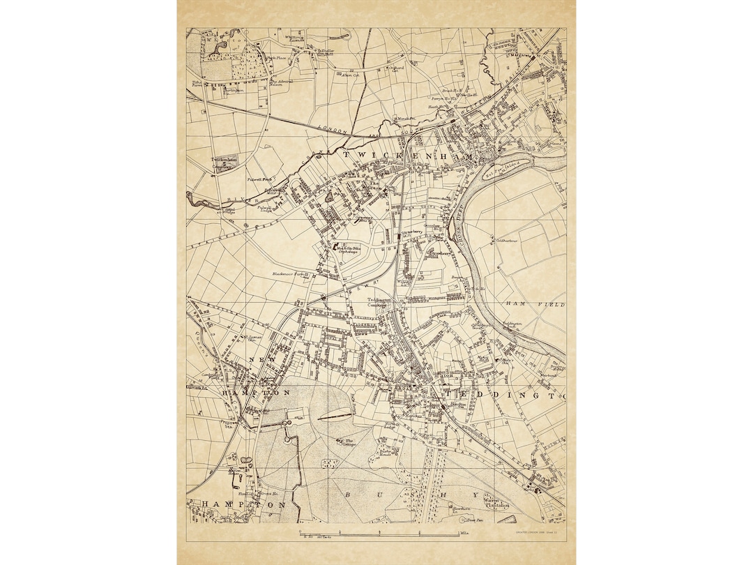 Twickenham Teddington Hampton, Old Map 1888 Greater London Size 55 X 41 ...