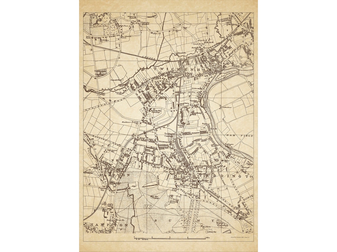 Twickenham Teddington Hampton, Old Map 1888 Greater London Size 55 X 41 ...