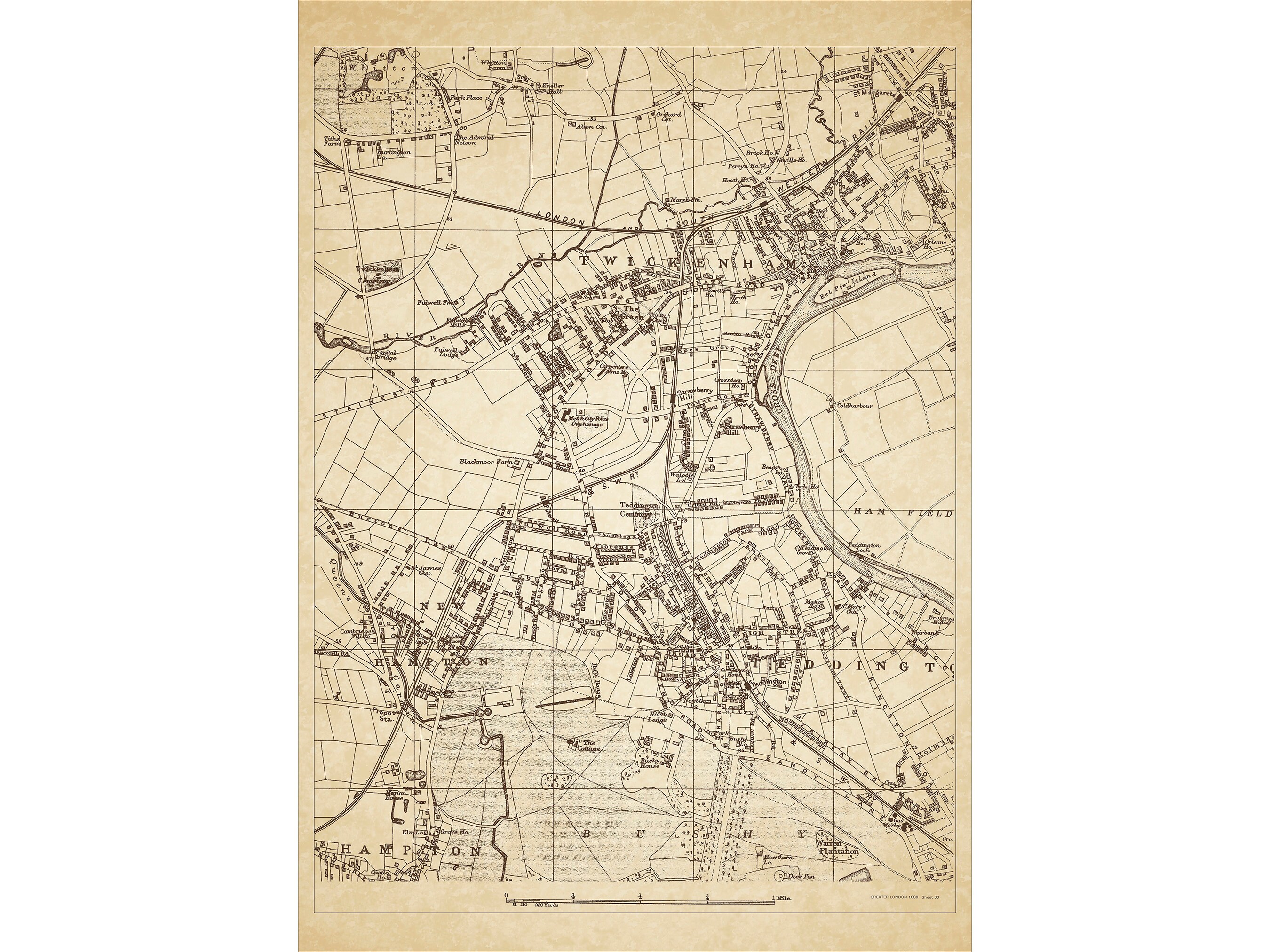 Twickenham Teddington Hampton, Old Map 1888 Greater London Size 55 X 41 ...