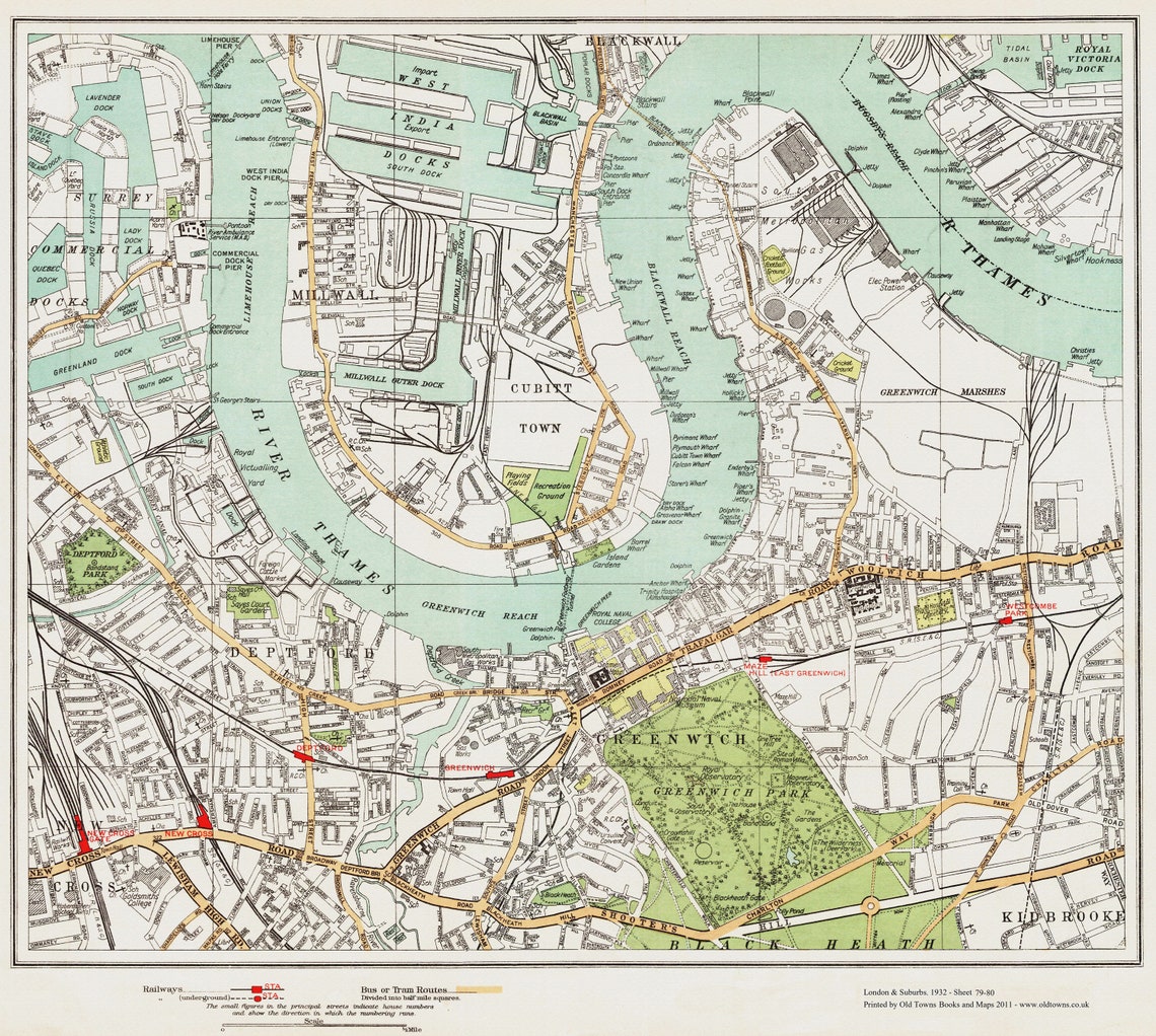 London 1932 Series Showing Millwall, Deptford, Greenwich Area, Map 79 ...