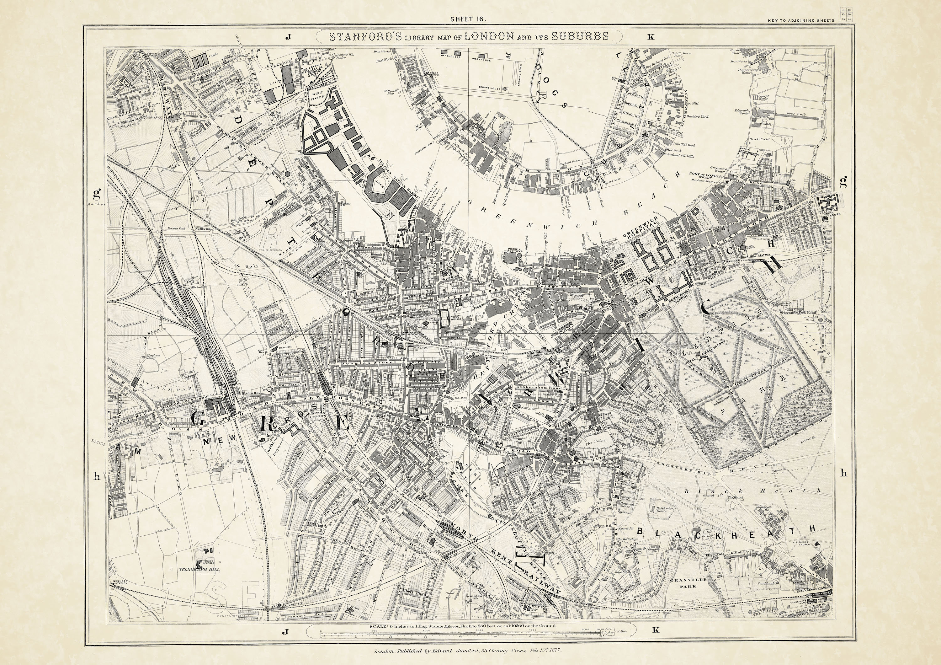 Old Map London 1877, Sheet 16 - Greenwich, Blackheath, Deptford, New ...