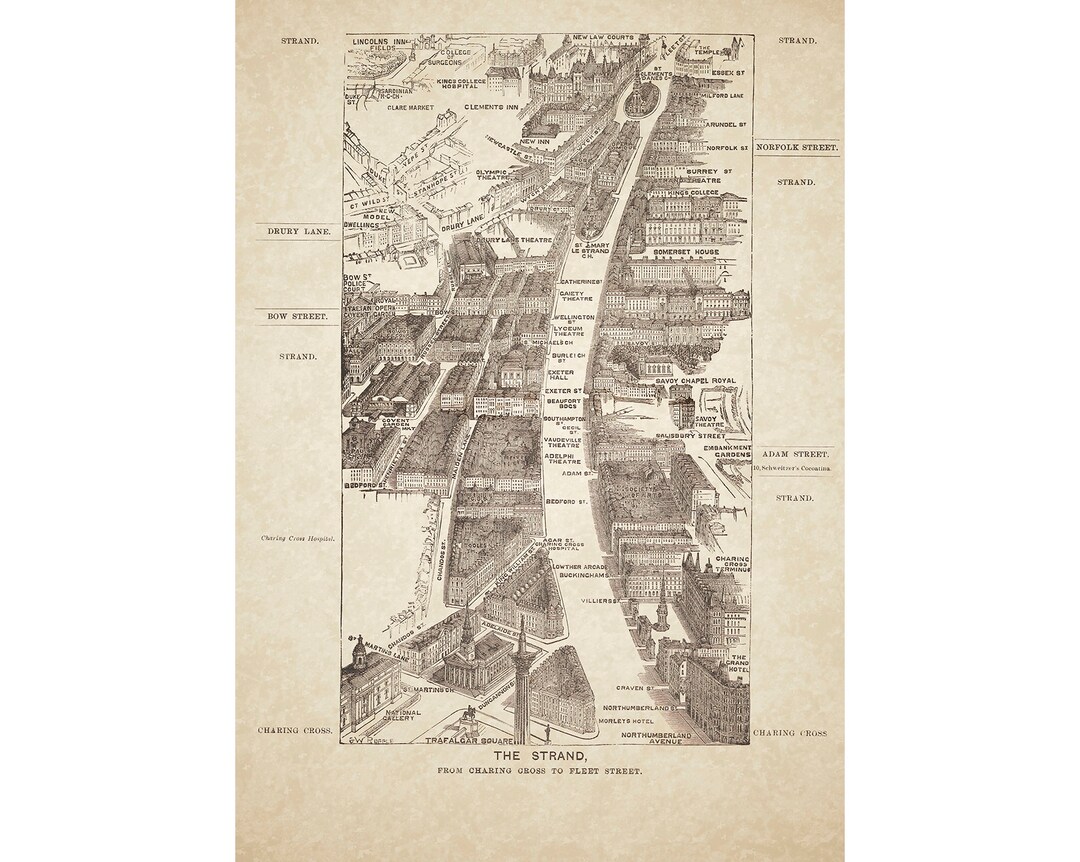 Old London Map Birds Eye View From Charing Cross to Fleet St. 1885 02 ...