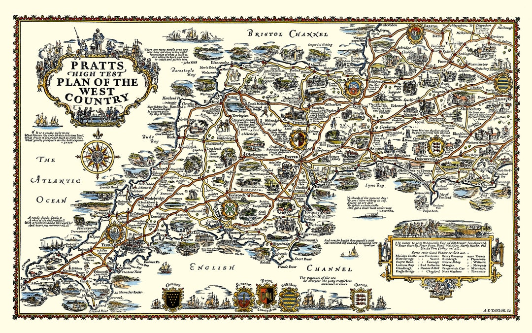 Plan of the Roads to the West Country 1932 old Vintage Map, Decorative ...